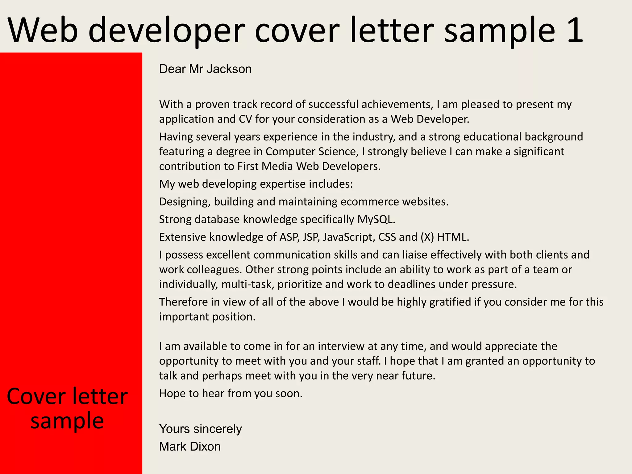 Web developer cover letter | PPTX