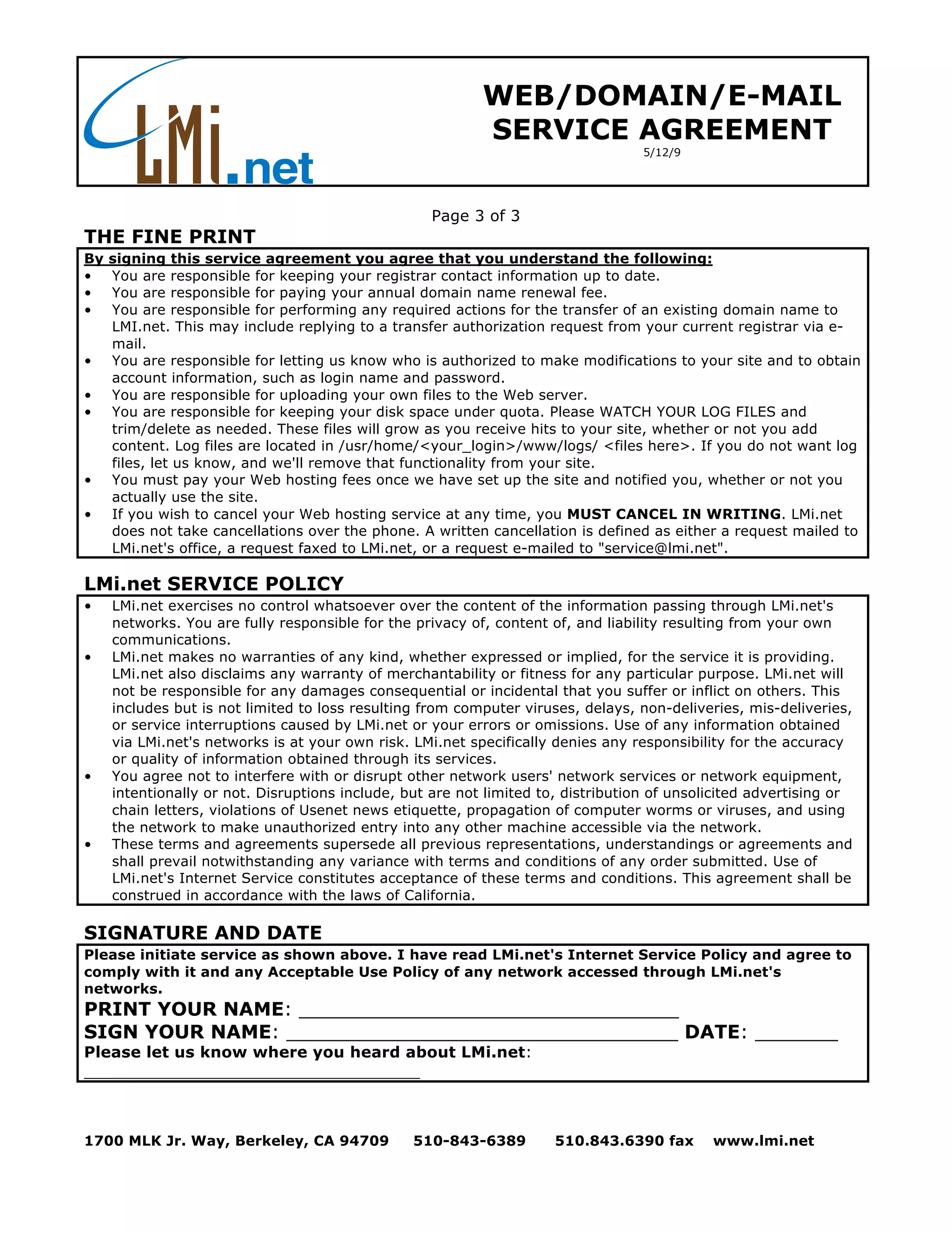 WEB/DOMAIN/E-MAIL SERVICE AGREEMENT | PDF | Email | Internet