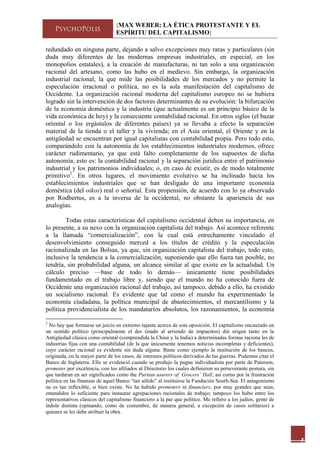 Weber, max la etica protestante y el espiritu del capitalismo | DOCX