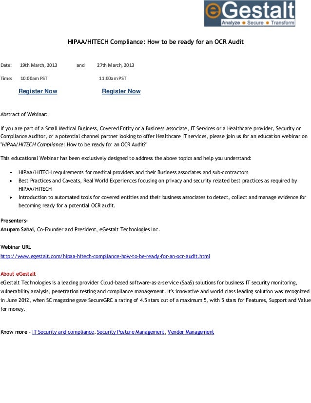 Webinar - HIPAA/HITECH Compliance: How to be ready for an OCR Audit