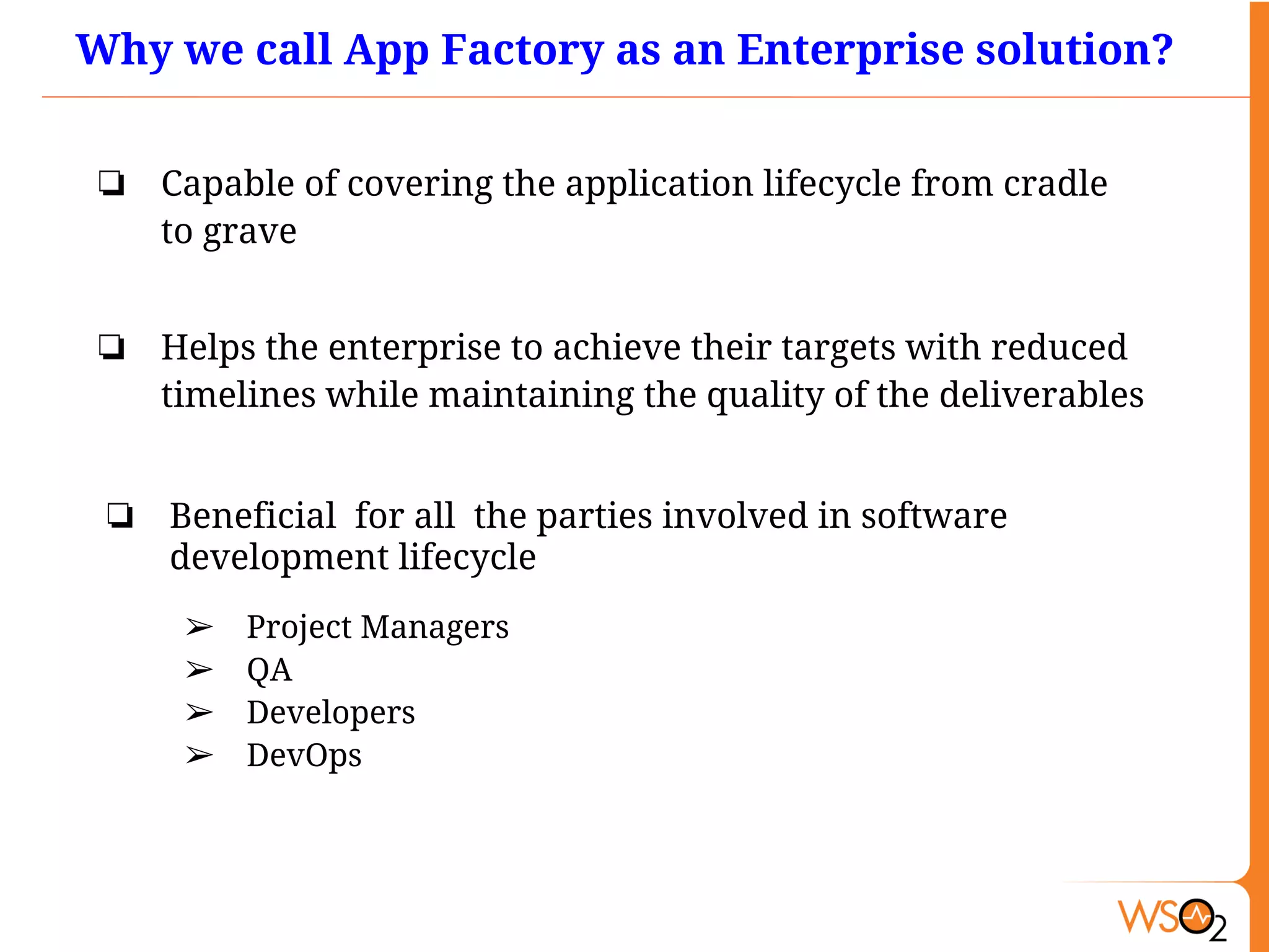 Managing enterprise applications with the WSO2 App Factory | PDF