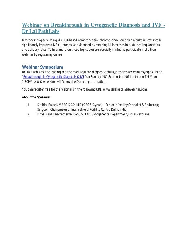 Webinar On Breakthrough In Cytogenetic Diagnosis And Ivf Dr Lal Pathlabs