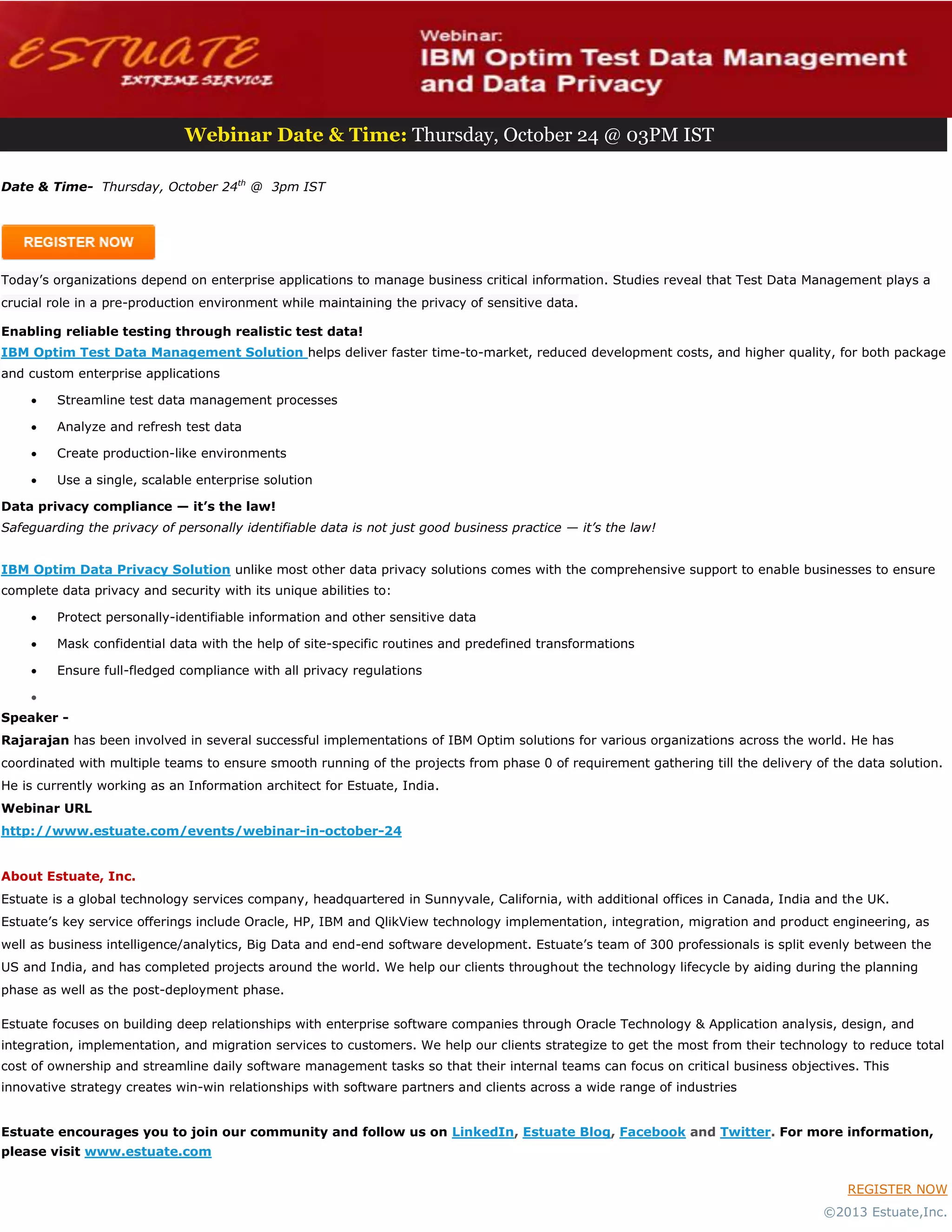 Webinar on IBM Optim Test Data Management and Data Privacy | PDF