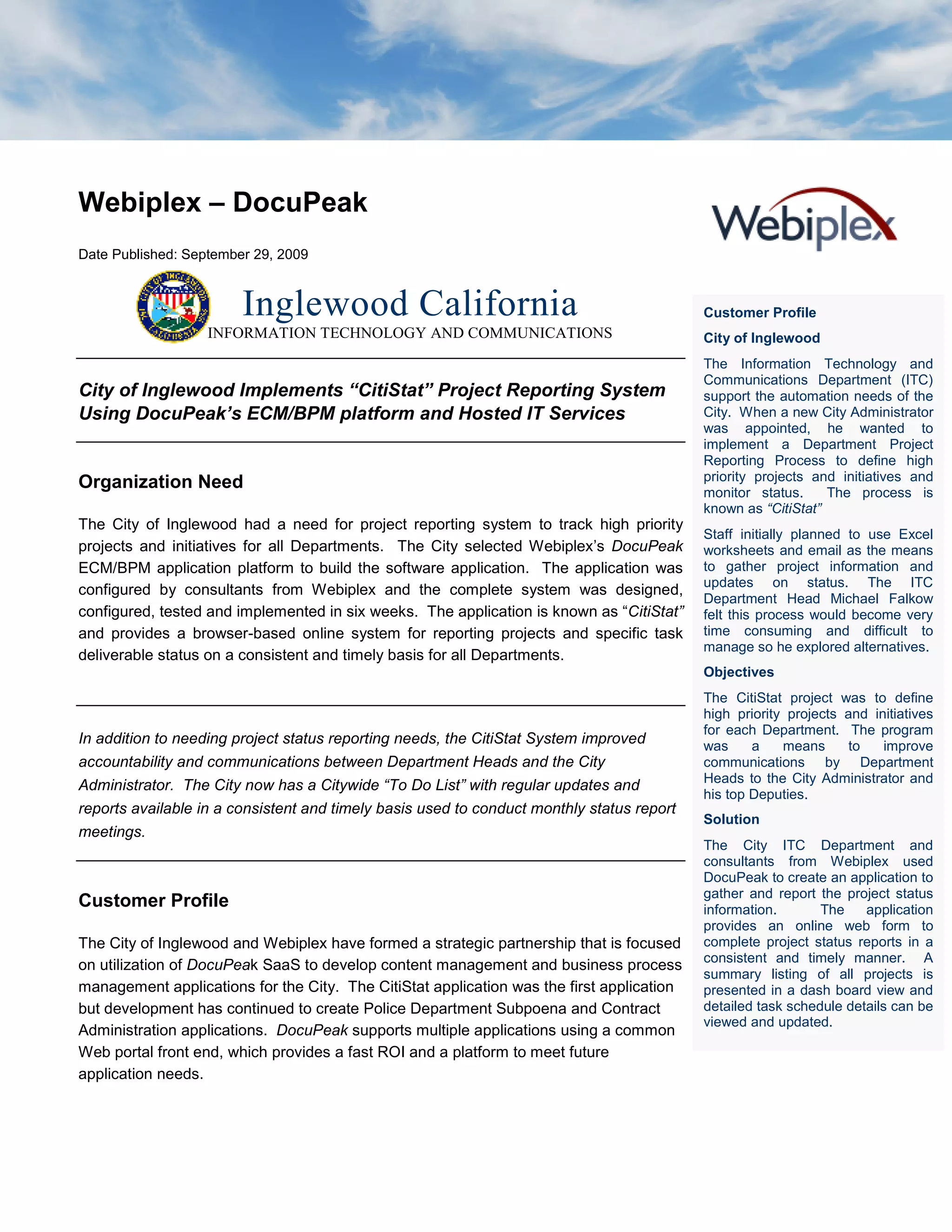 Webiplex Docu Peak Case Study For City Of Inglewood | PDF