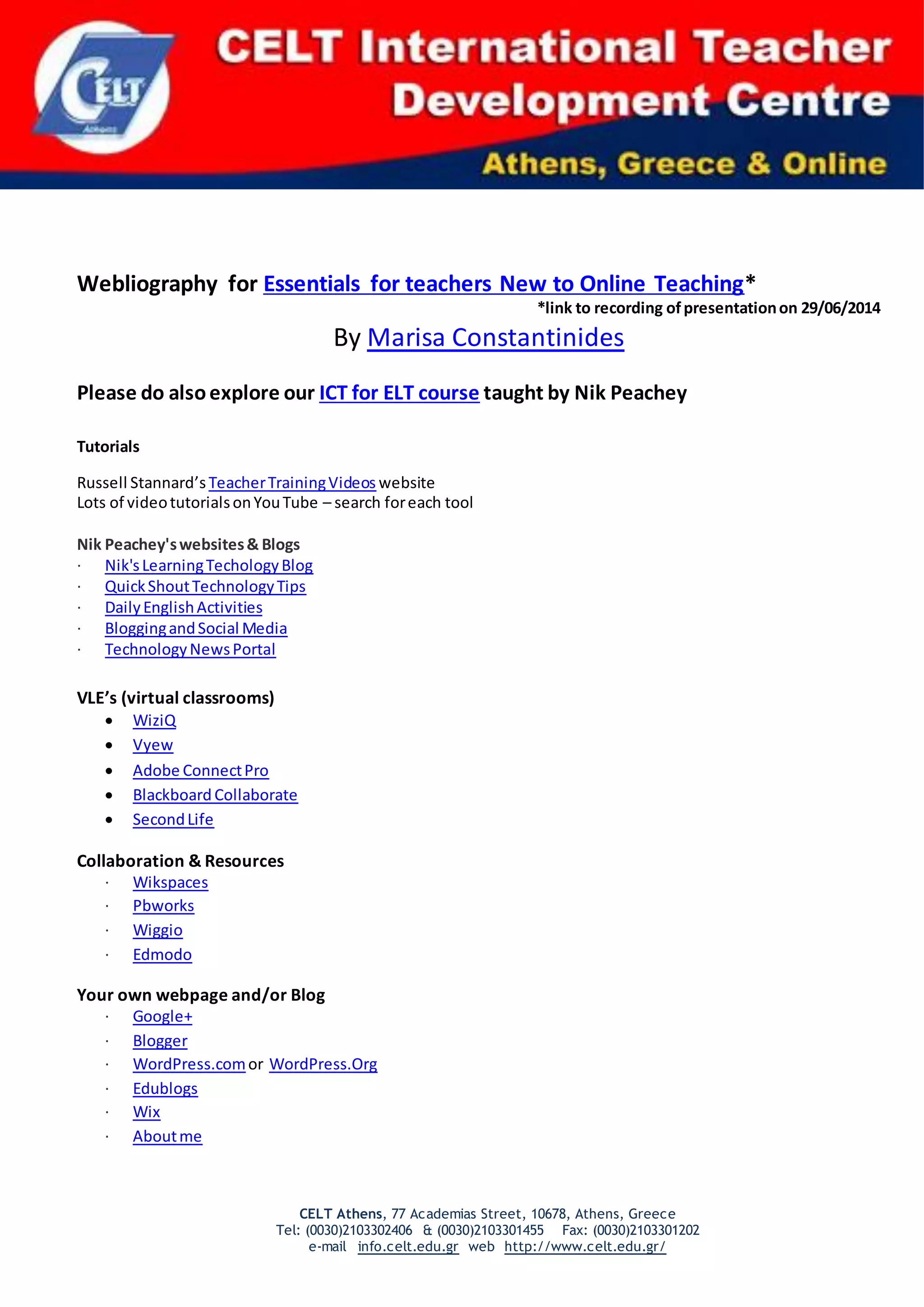 Webliography for essentials for teachers new to online teaching | PDF