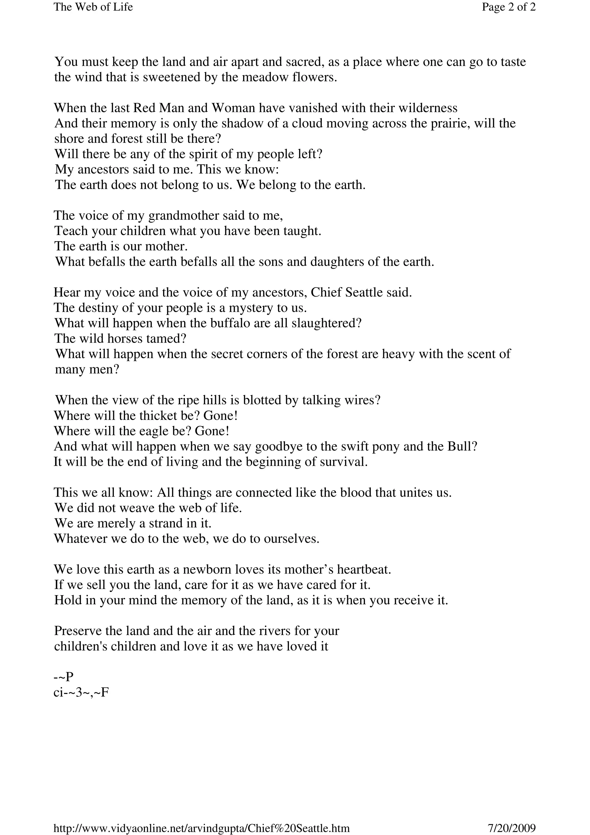Web of Life: Chief Seattle | PDF