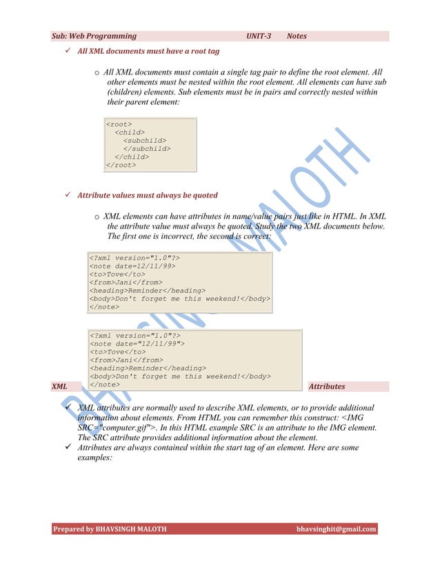 Web programming unit IIII XML &DOM NOTES BY BHAVSINGH MALOTH | PDF