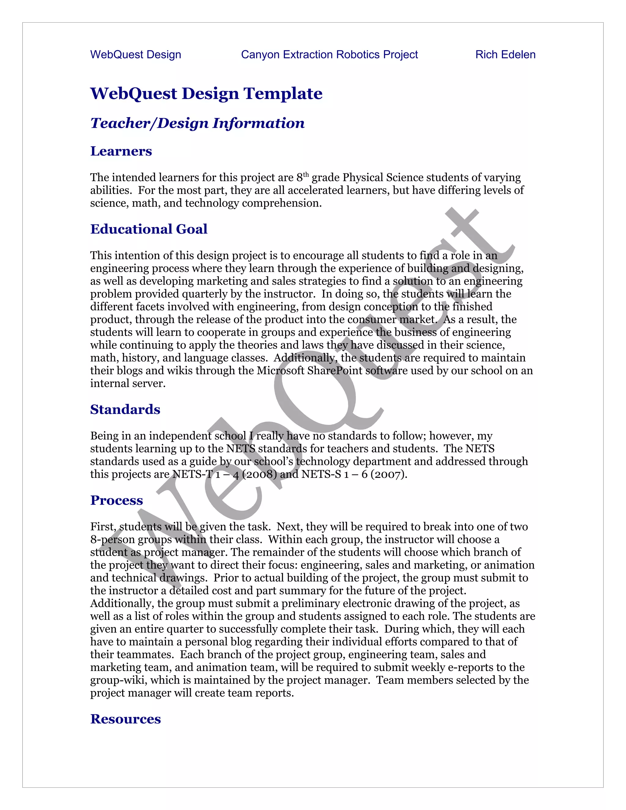 Web Quest Design Robotics Edelen | DOC