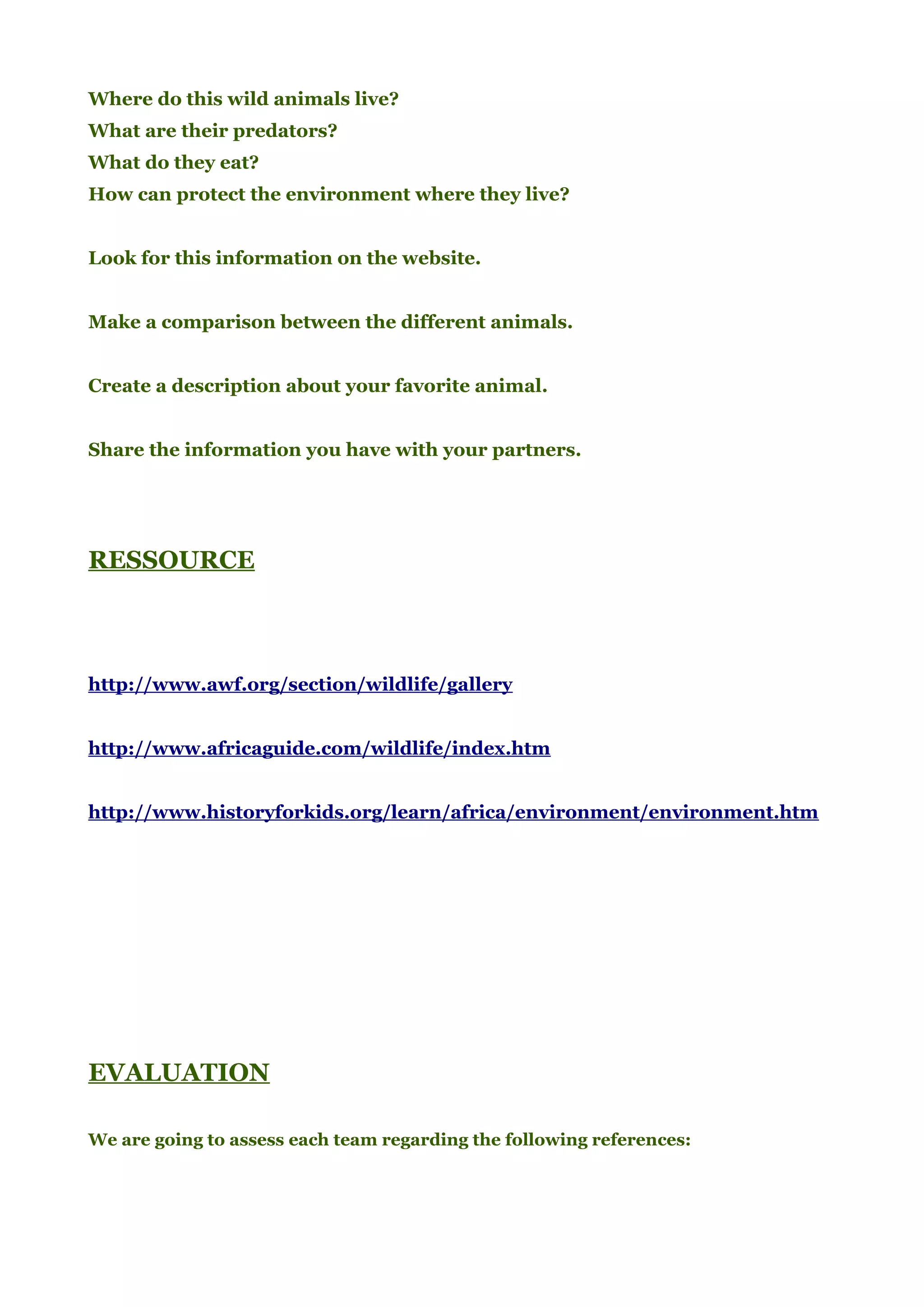Web quest wild animals | ODT