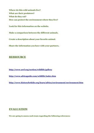 Web quest wild animals | ODT