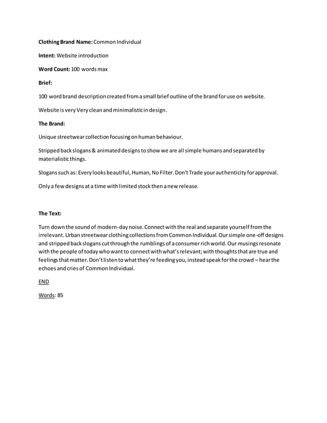 Website/Marketing Blurb - Common Individual Clothing | DOCX