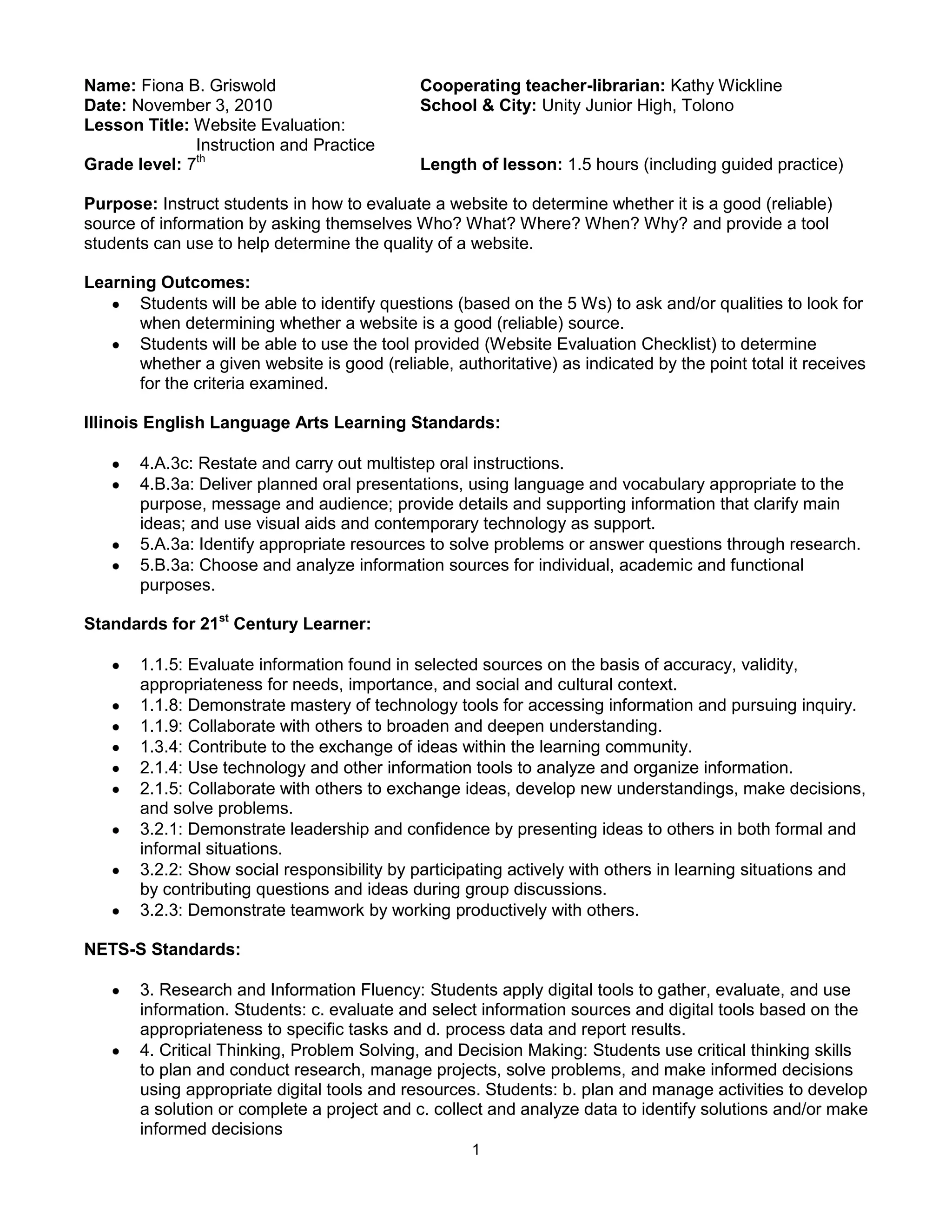 Website Evaluation Lesson Plan | DOCX