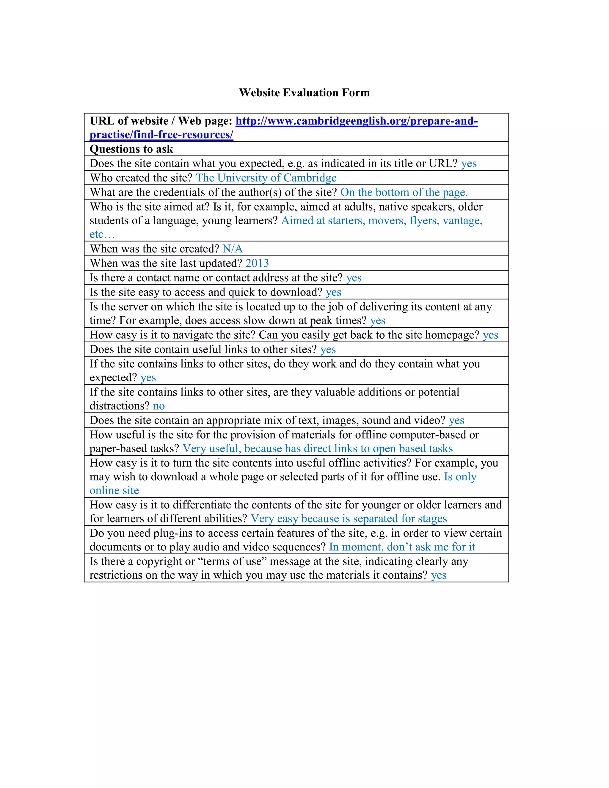 Website evaluation form | PDF