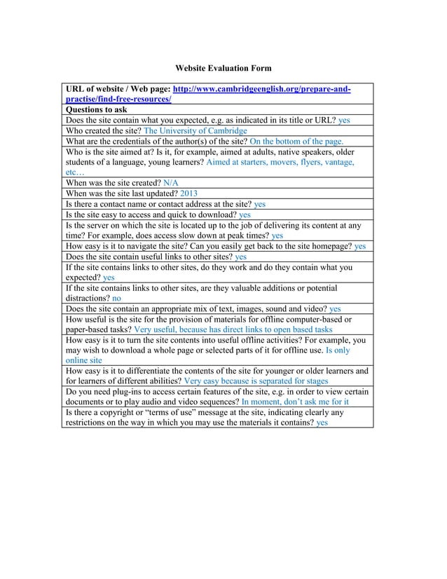 Website evaluation form | PDF