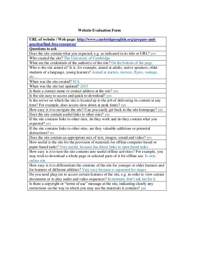 Website Evaluation Form Website Evaluation Form