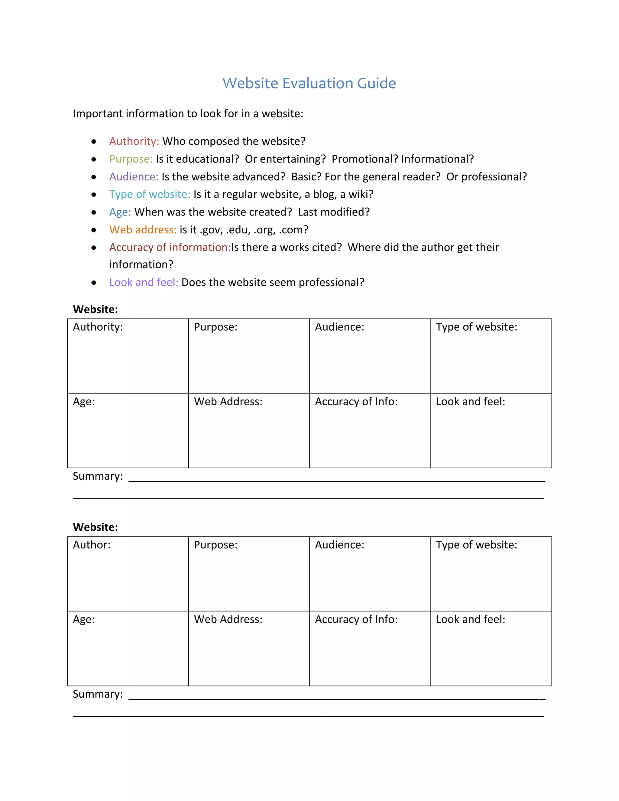Website Evaluation Guide | DOCX | Internet for Beginners | Internet