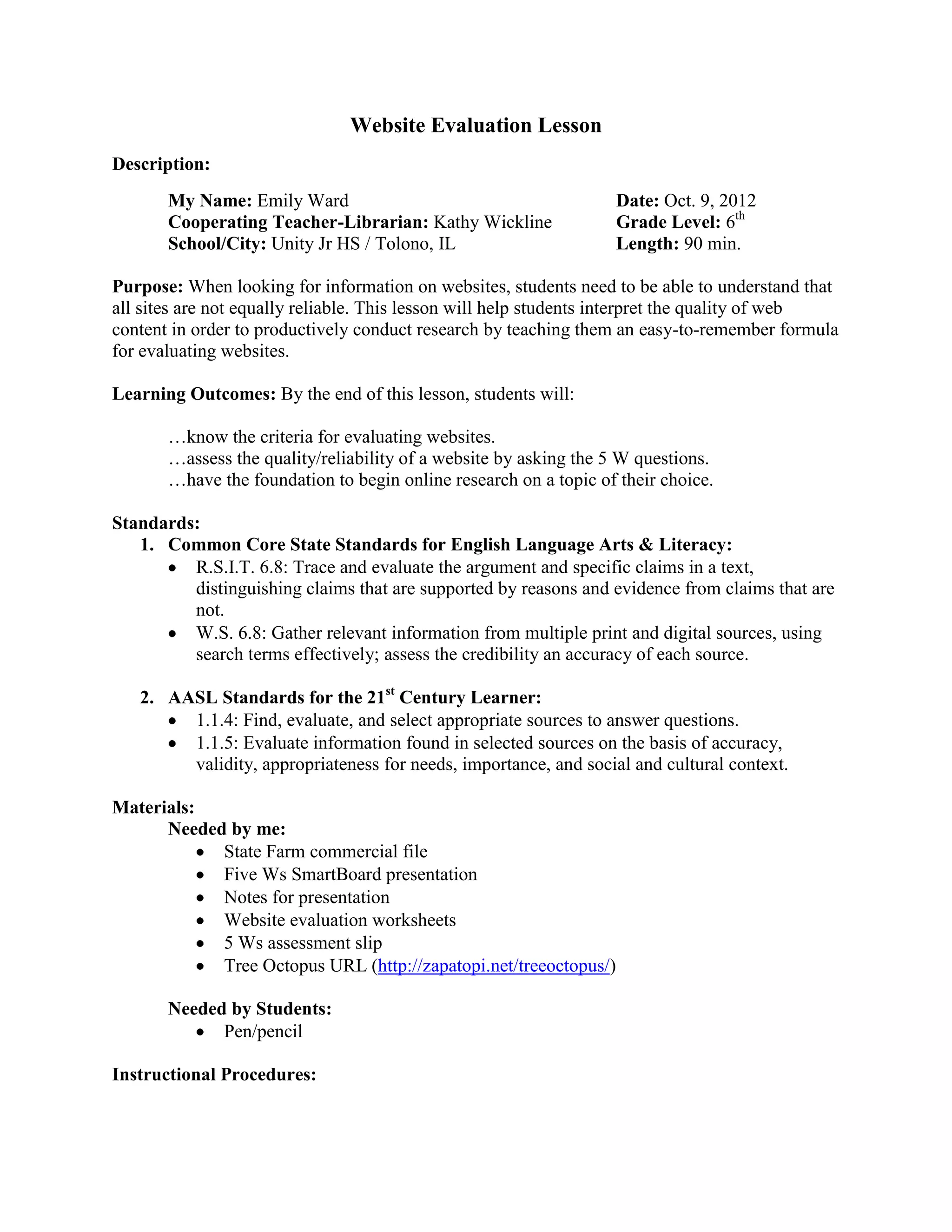 Website Evaluation Lesson | DOCX