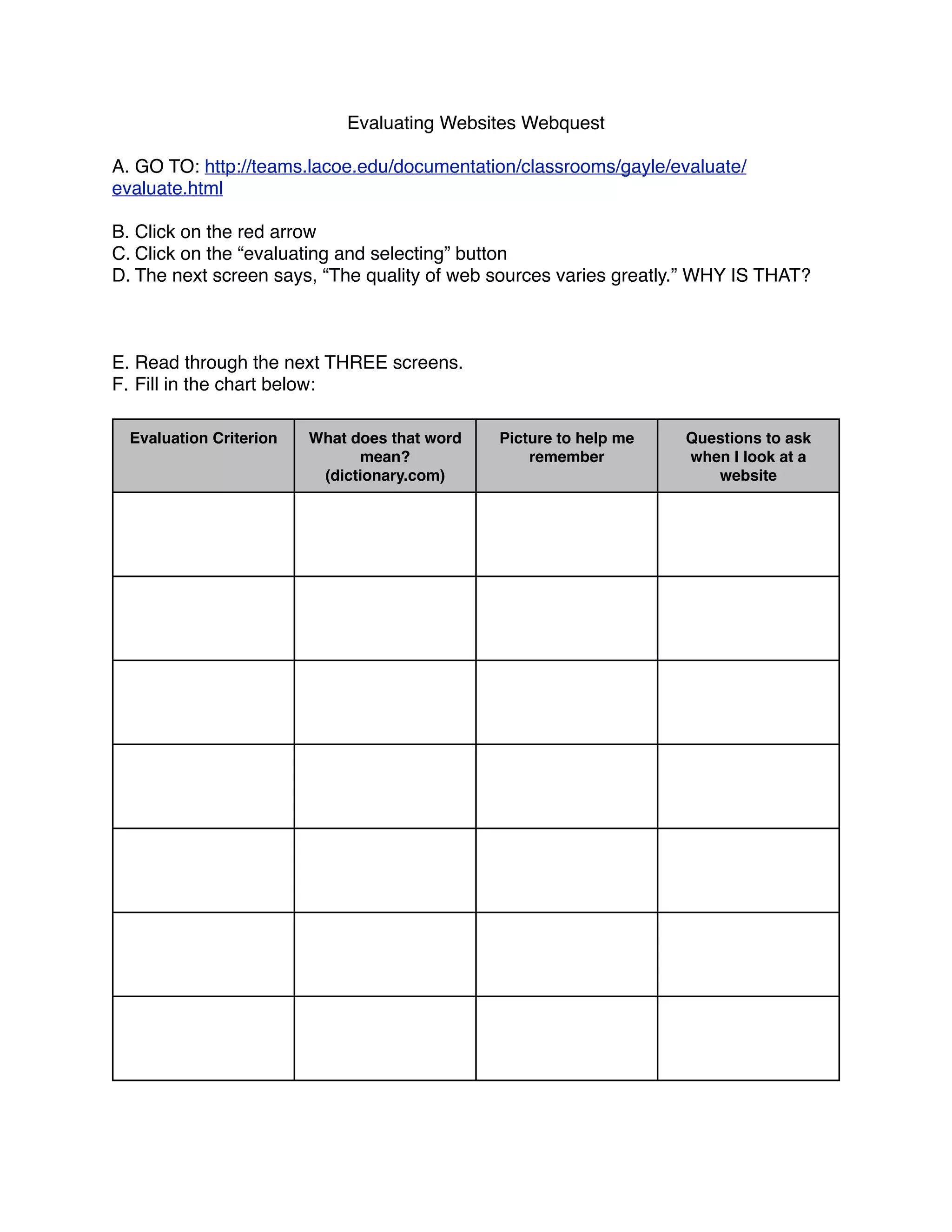 Website Evaluation Webquest | PAGES