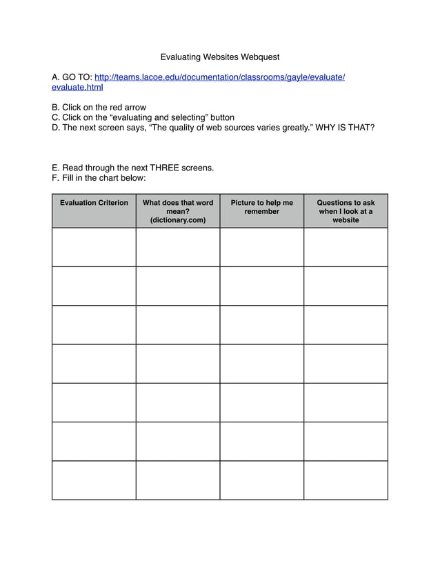 Website Evaluation Webquest | PAGES