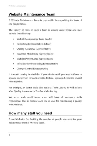 Website Maintenance Explained (abridged from "The Website Manager's ...