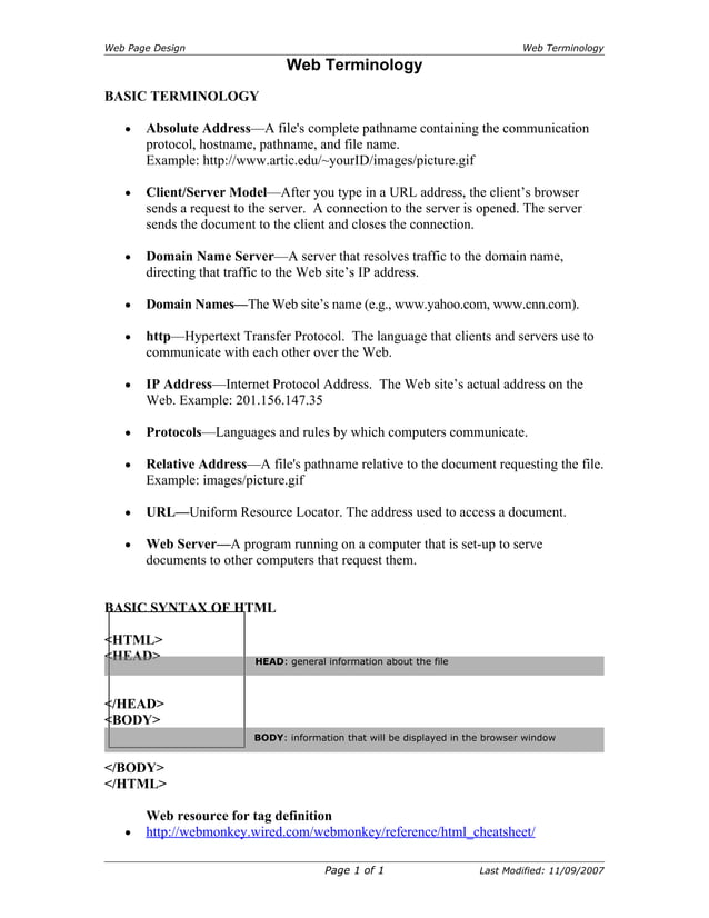 Web Terms Handout | DOC | Internet | Computing