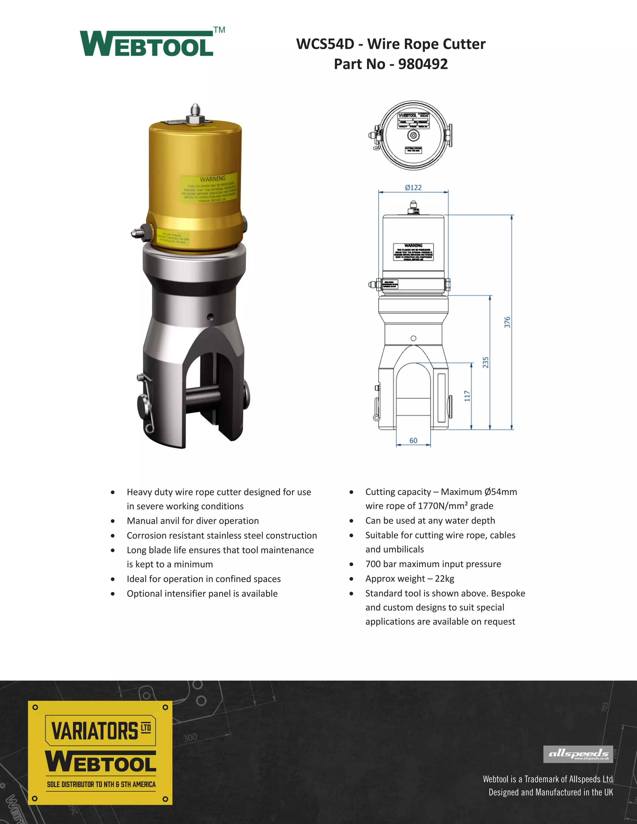 Webtools WCS54D Wire Rope Cutters up to 54mm - Data Sheet | PDF