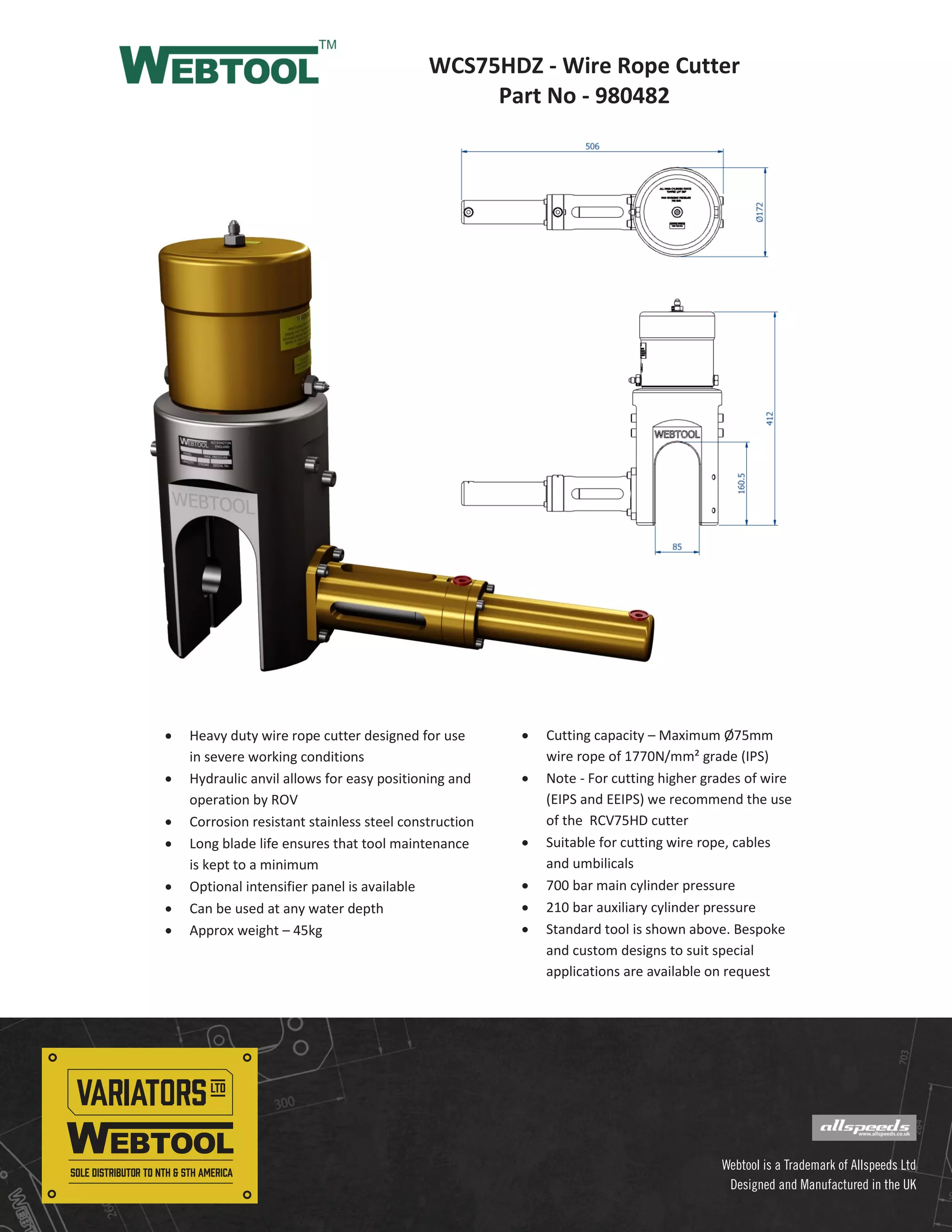 Webtools WCS75HDZ Wire Rope Cutters up to 75mm - Data Sheet | PDF