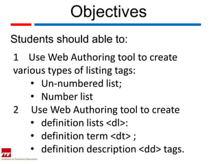 Web topic 8 listings in html | PPTX