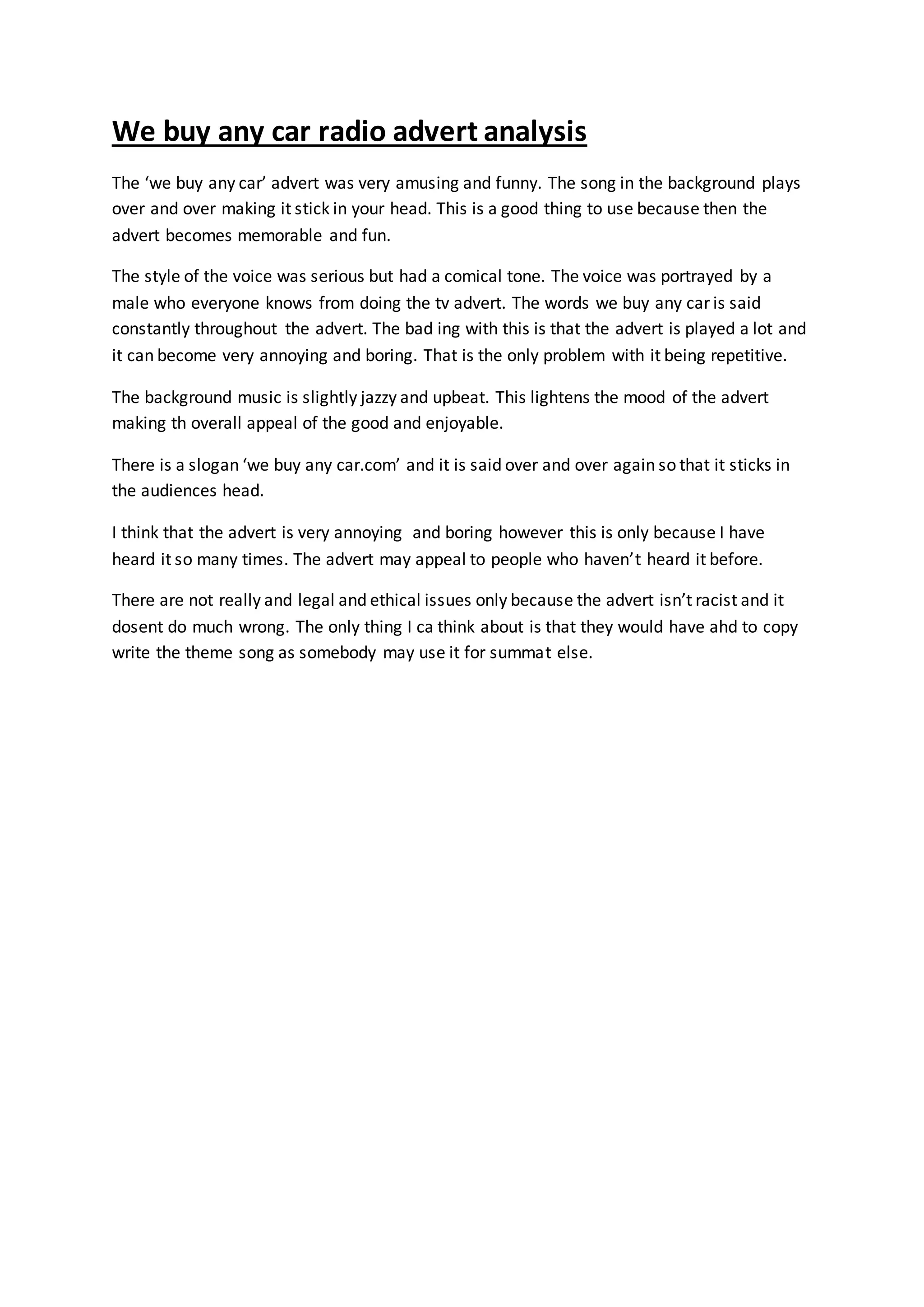 We buy any car radio advert analysis | DOCX