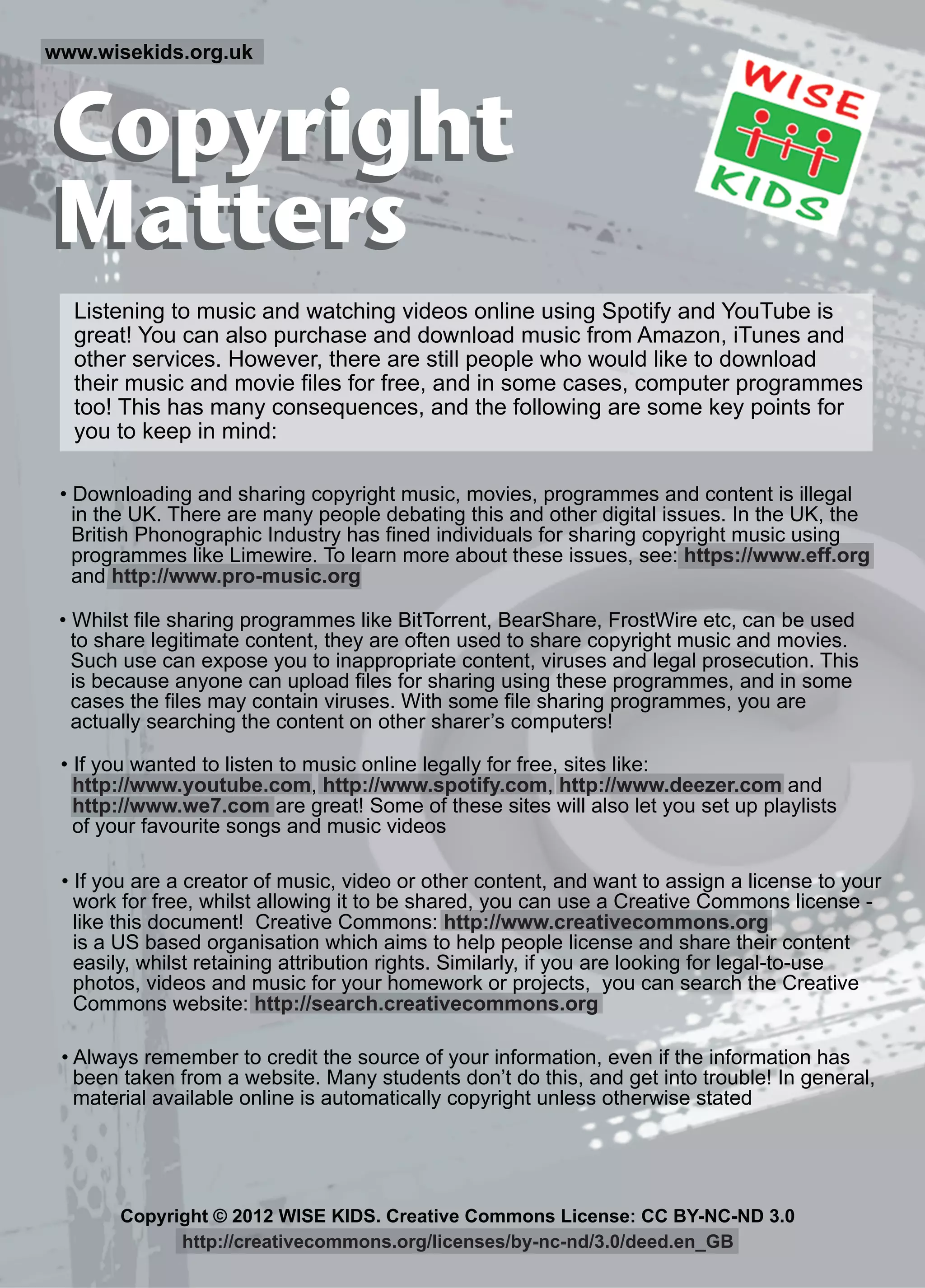 WISE KIDS Leaflet: Copyright Matters | PDF
