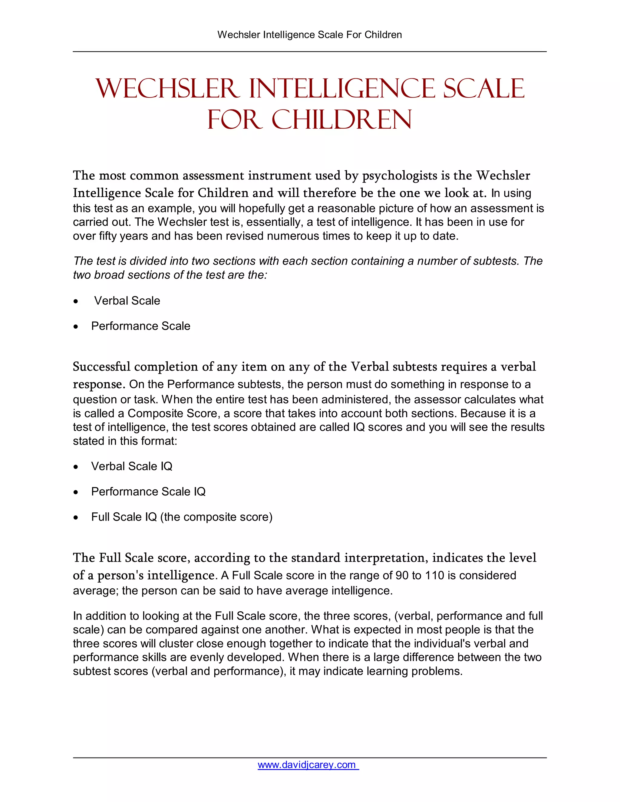 Wechsler Intelligence Scale For Children | PDF
