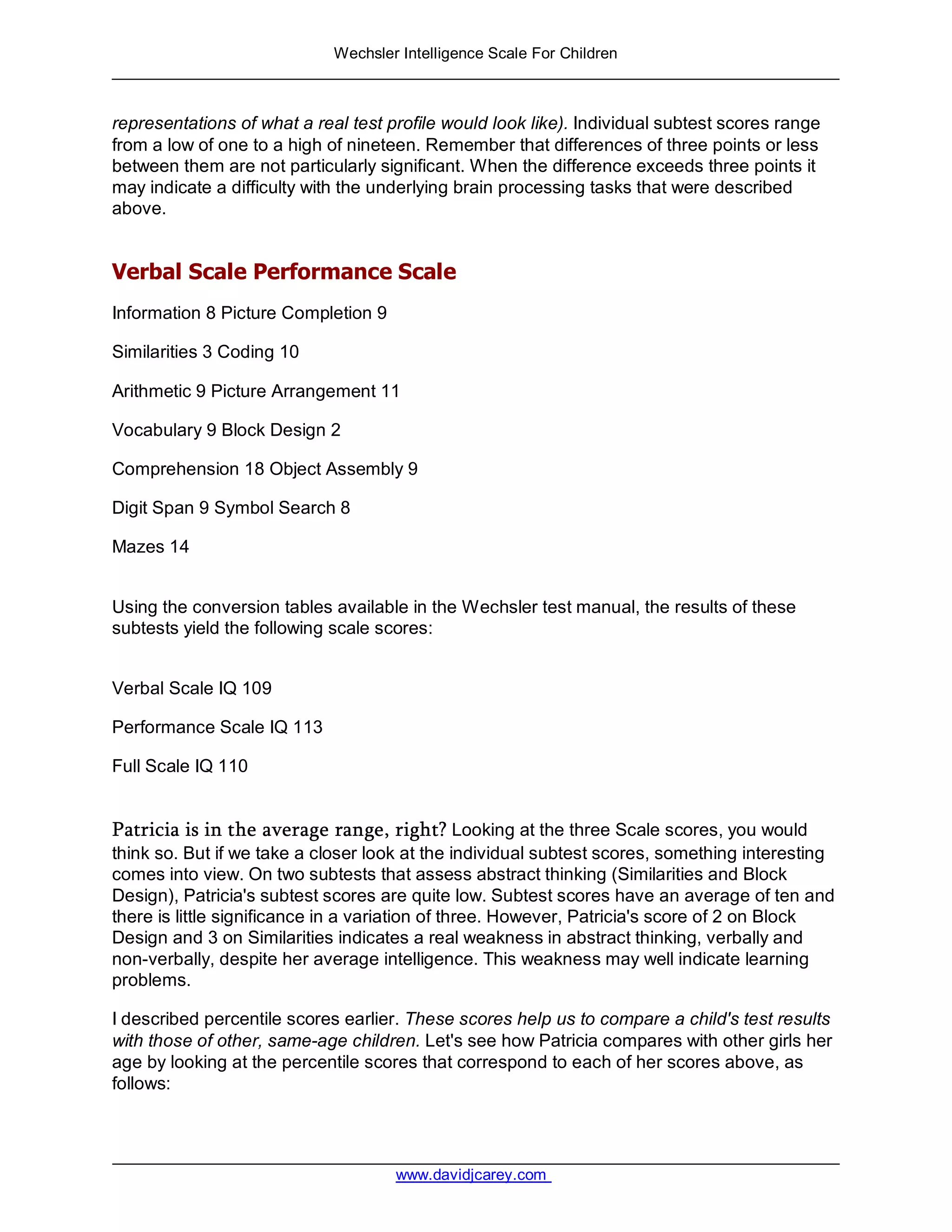 Wechsler Intelligence Scale For Children | PDF