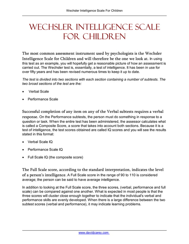Wechsler Intelligence Scale For Children | PDF
