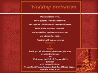 Wedding invitation vijyendra & yogita 13-feb-2013 | PPT | Wedding | Personal Celebrations & Life ...