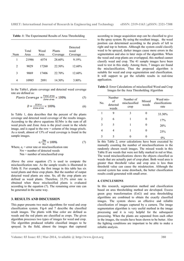 Weed And Crop Segmentation And Classification Using Area Thresholding Pdf