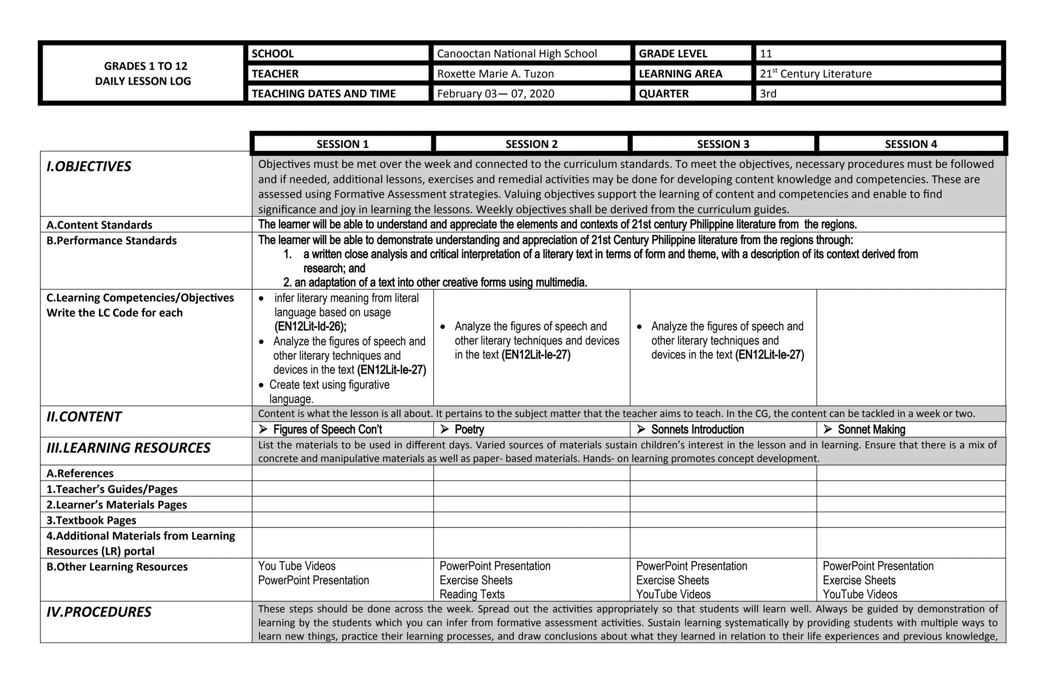 Oral Communication In Context. Daily Lesson Log | PDF