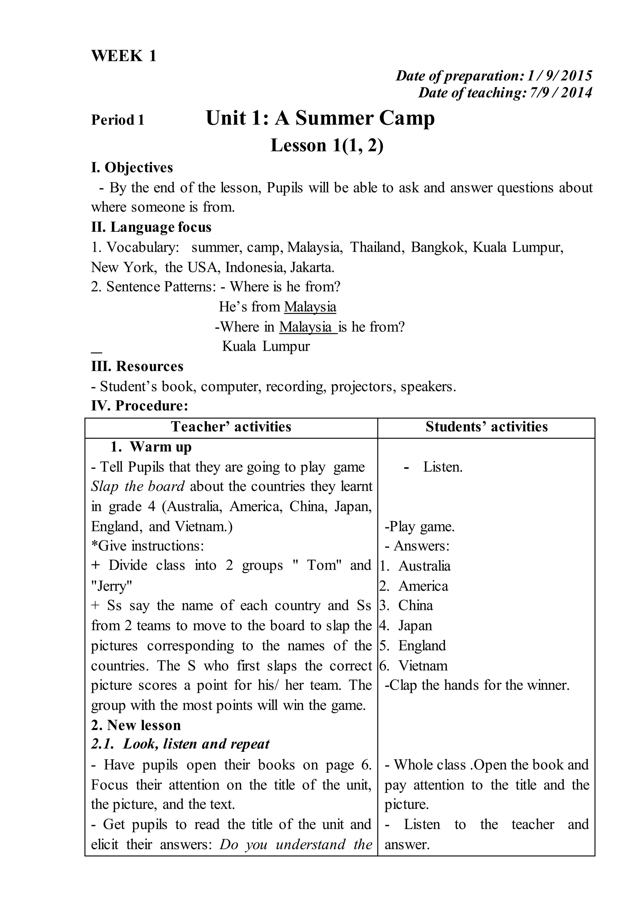 Week 1. lop 5 | DOCX | Educational Assessment | Education