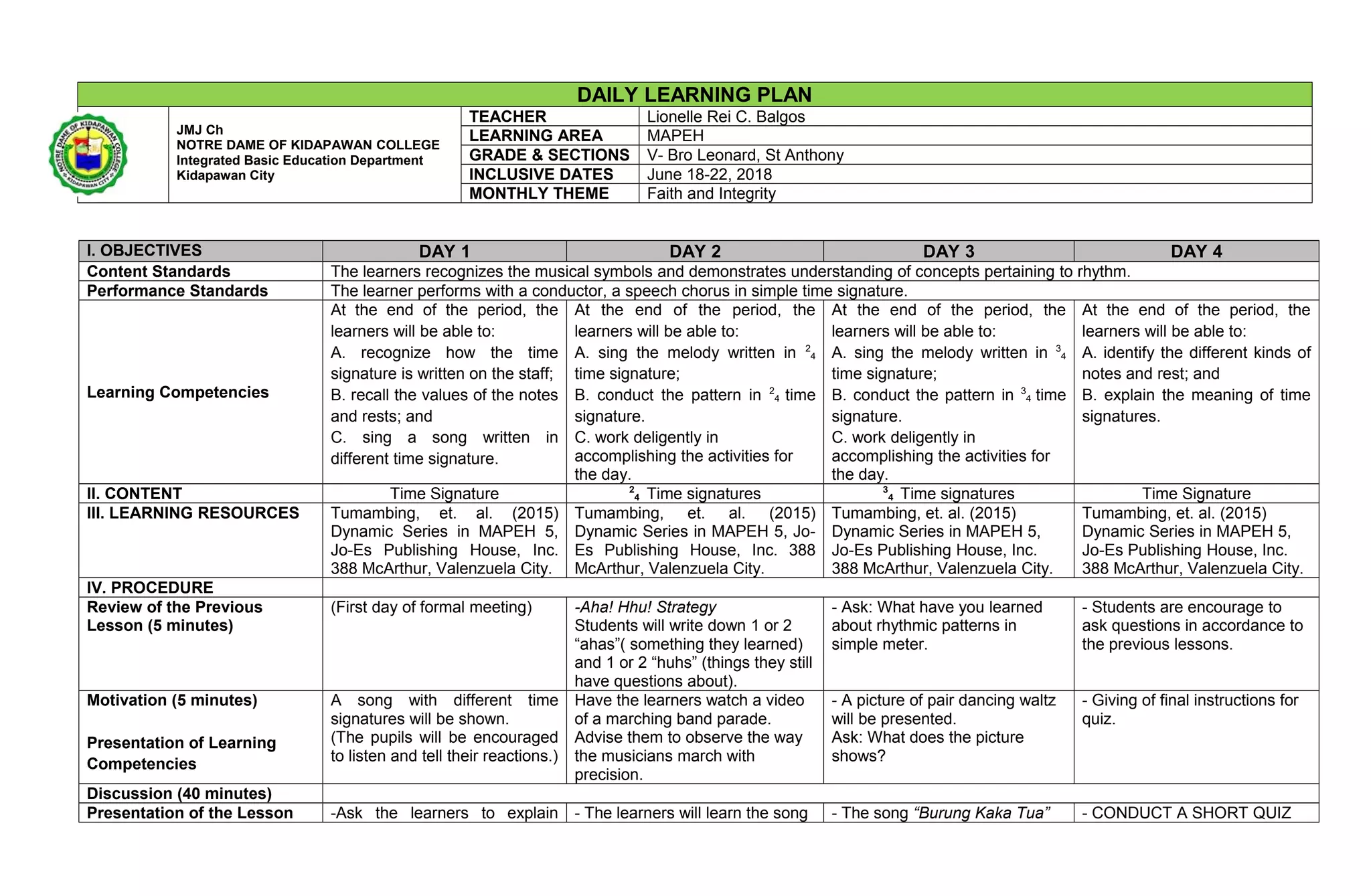 Mapeh 5 Lesson Plan | DOC