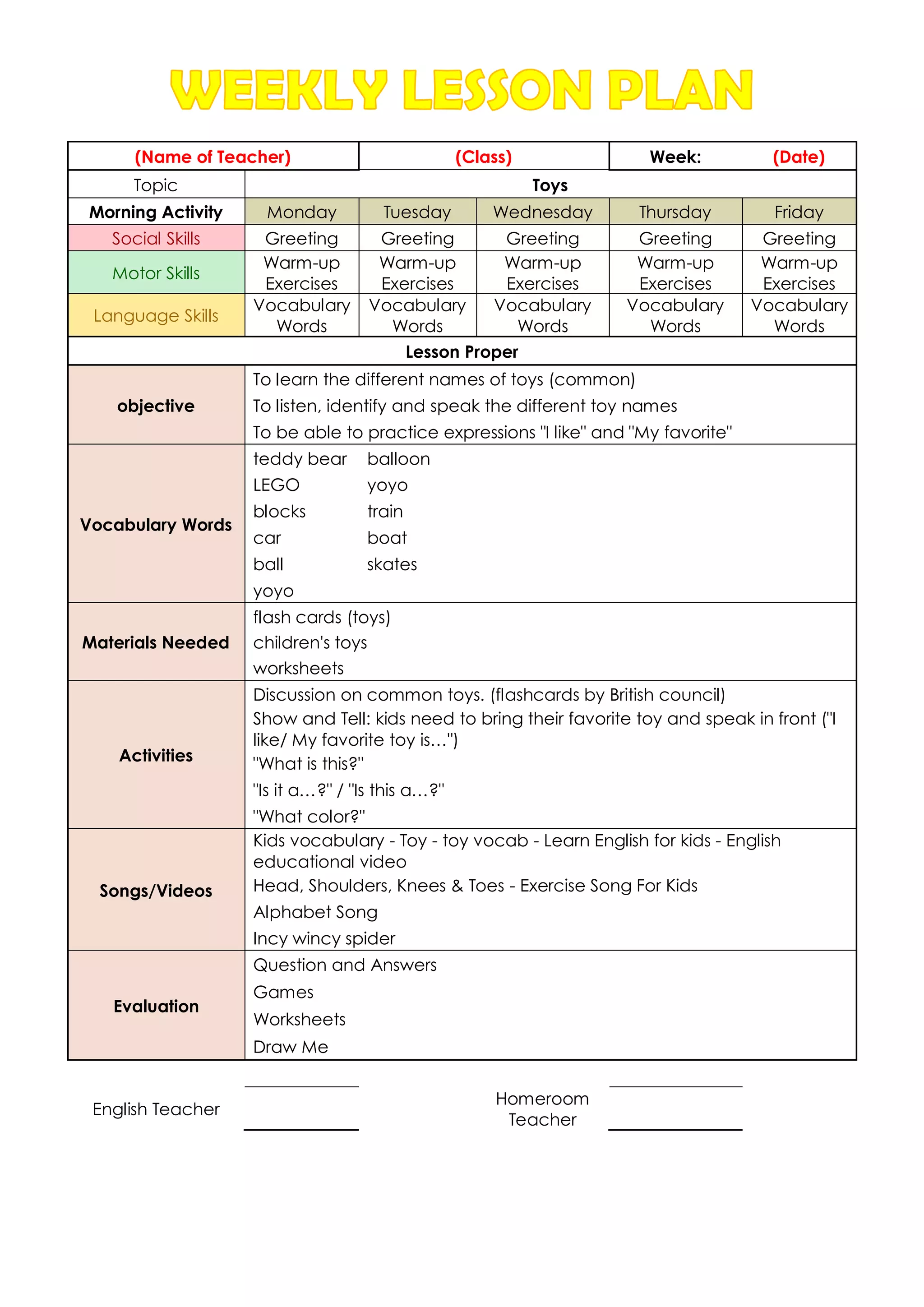 Weekly Lesson Plan: Toys | PDF