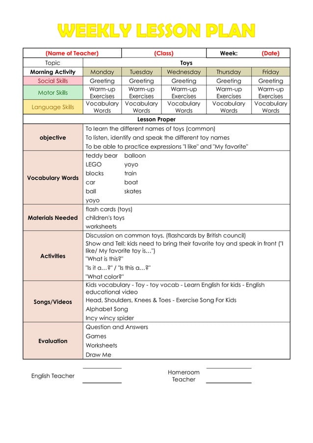 Weekly Lesson Plan: Toys | PDF