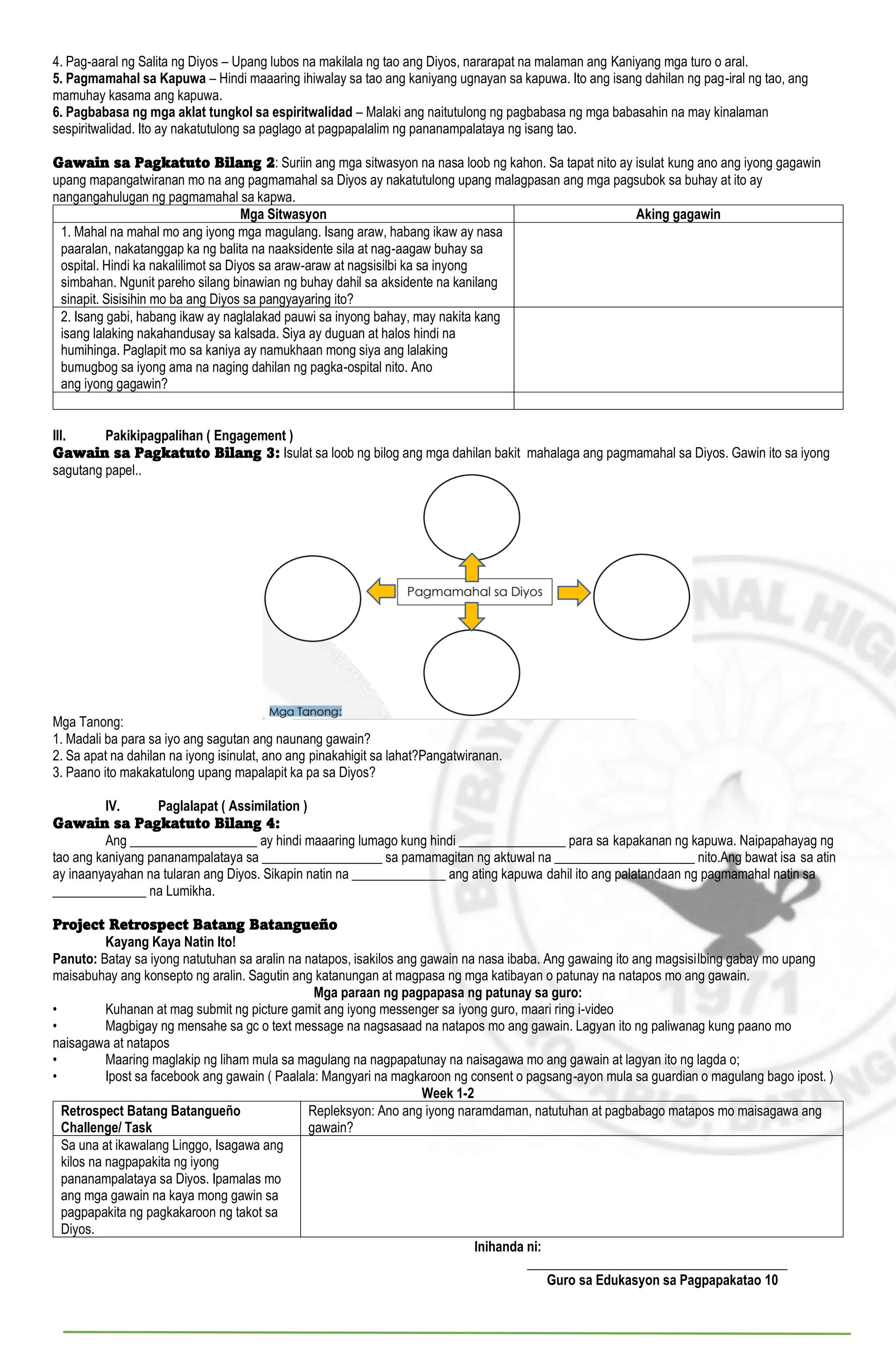 learning activity sheet for edukasyon sa pagpapakatao grade 10 | PDF