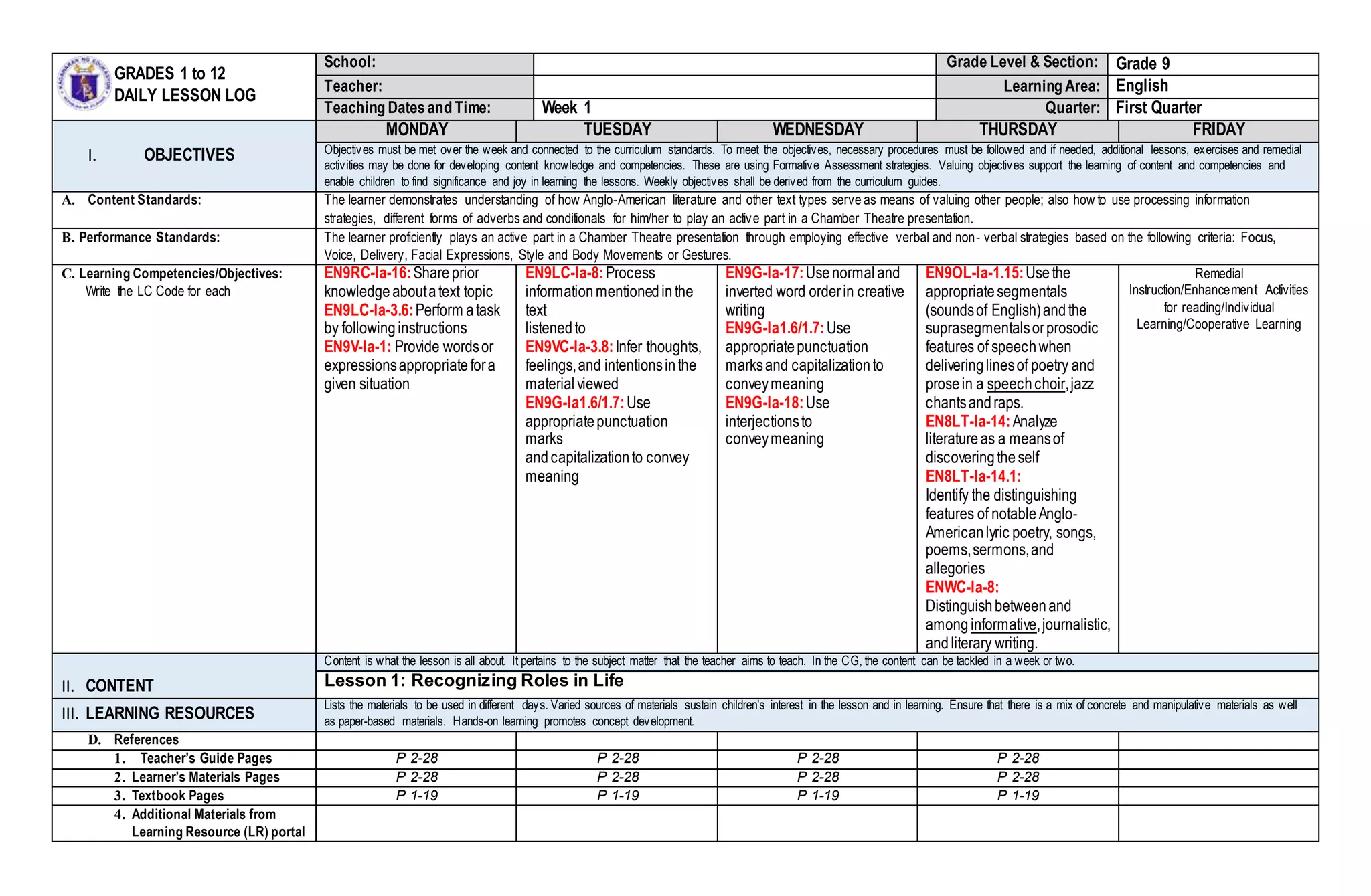 English 9 Q1 Week 1 | DOCX