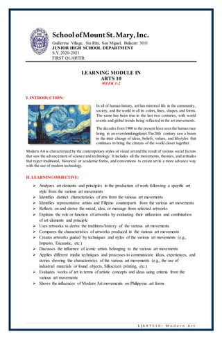 Arts10: Modern Art First Quarter Blended Learning Module | DOCX