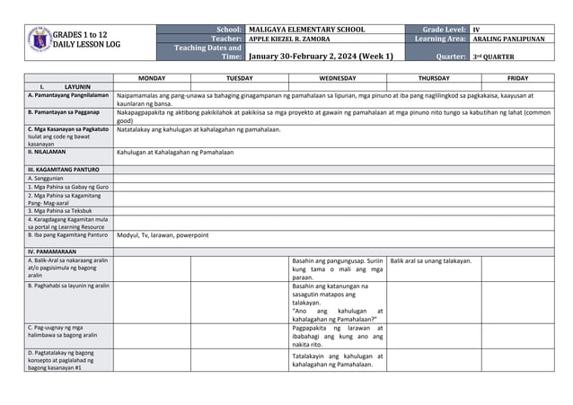 quarter 3 week 1 daily lesson log araling panlipunan grade 5 | DOCX