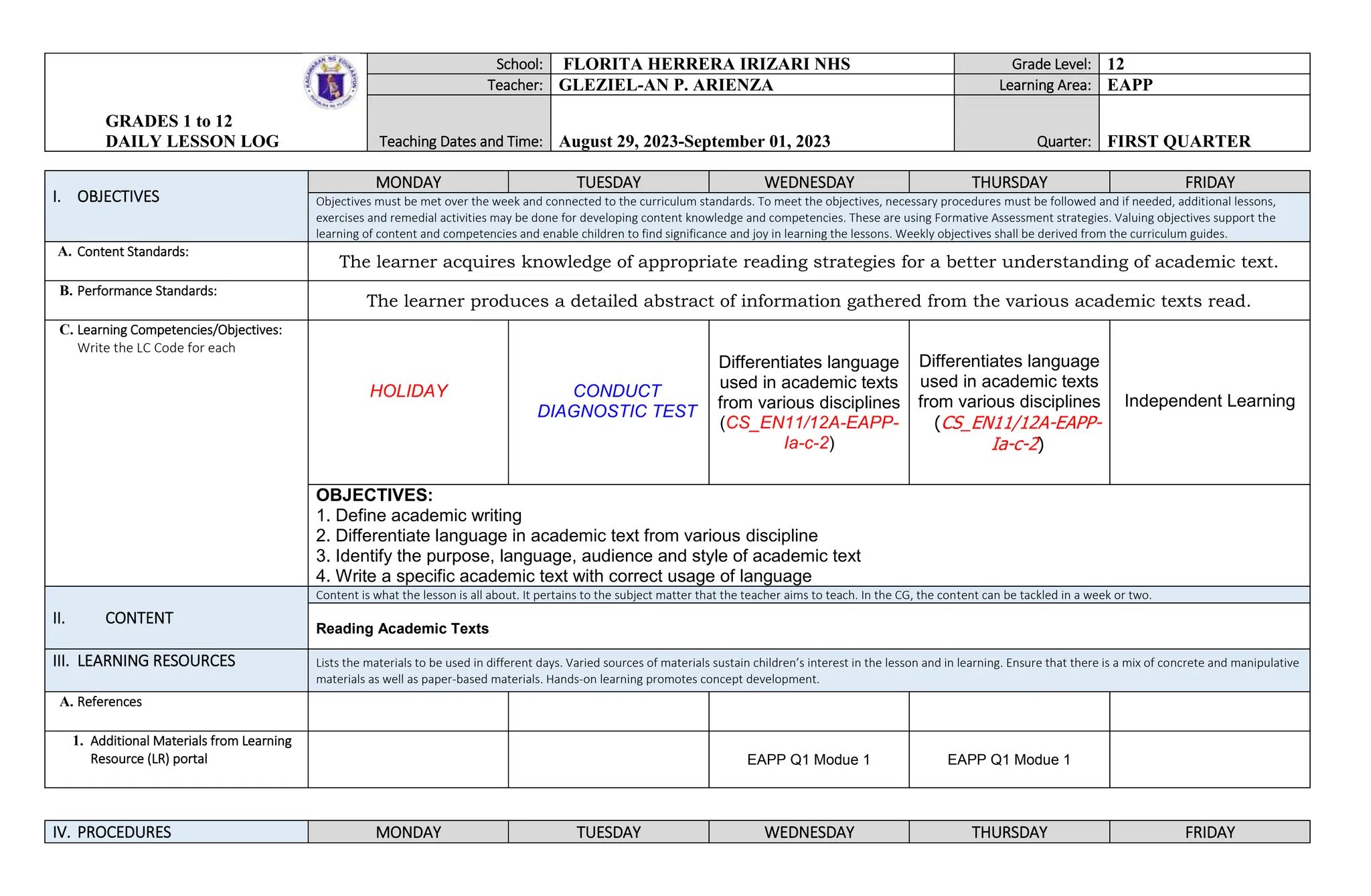 WEEK 1 DAILY LESSON LOG IN ENGLISH IN ACADEMIC PURPOSES.docx
