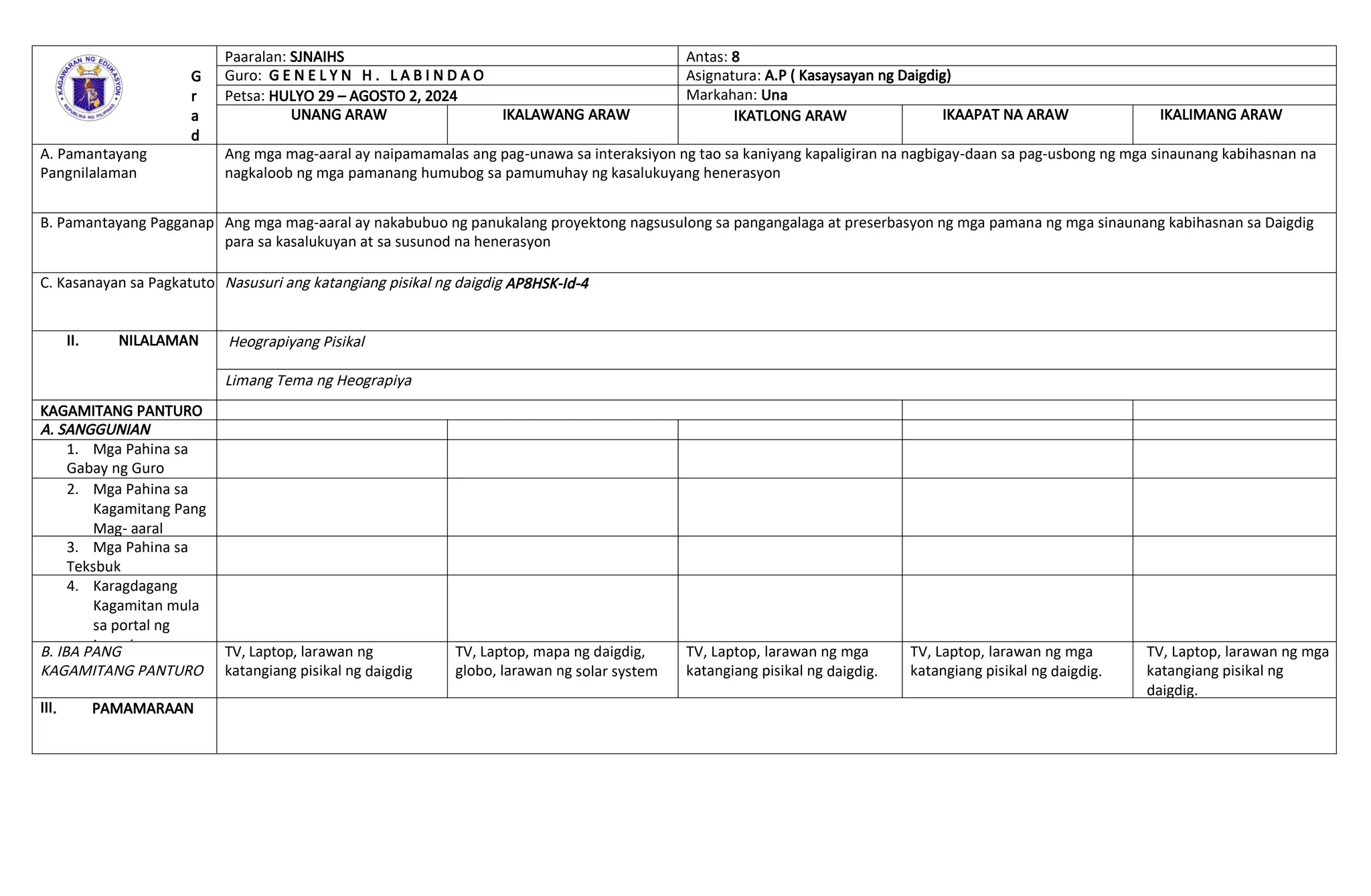 week 1.docx Araling Panlipunan 8-Banghay aralin | DOCX