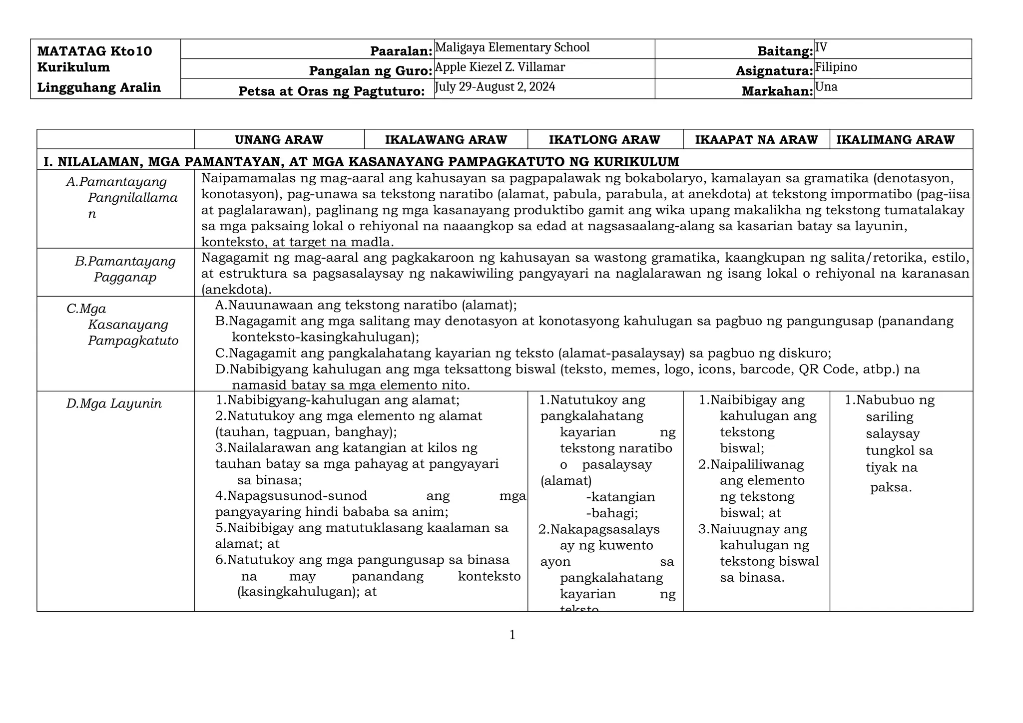 WEEK 1-filipino 4 quarter 1 matatag curriculum based | DOCX