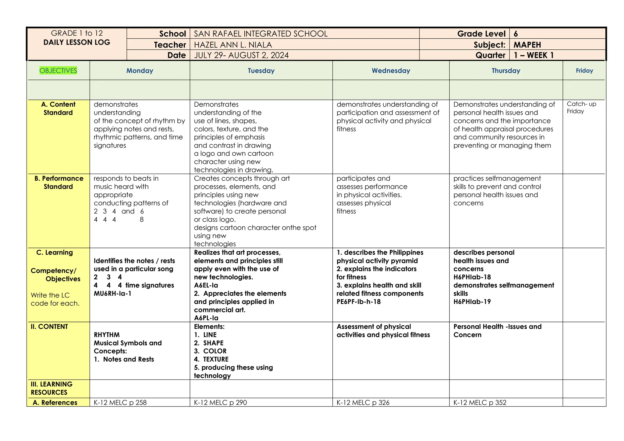 WEEK1-dll-MAPEH from Monday to Friday quarter 1 week 1 | DOCX