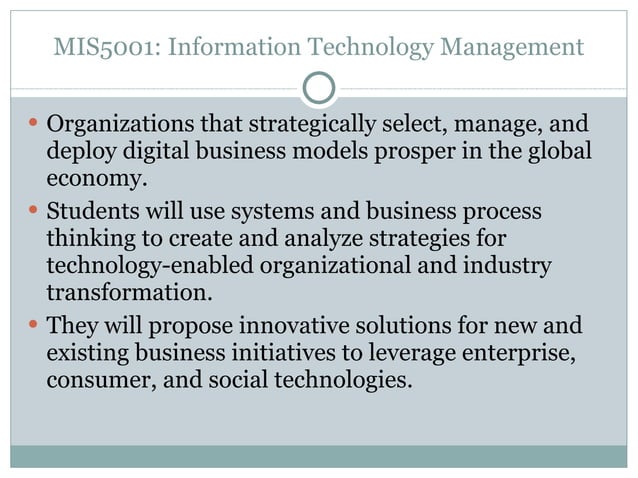 Week 1 of MIS5001: Information Technology Management | PPT