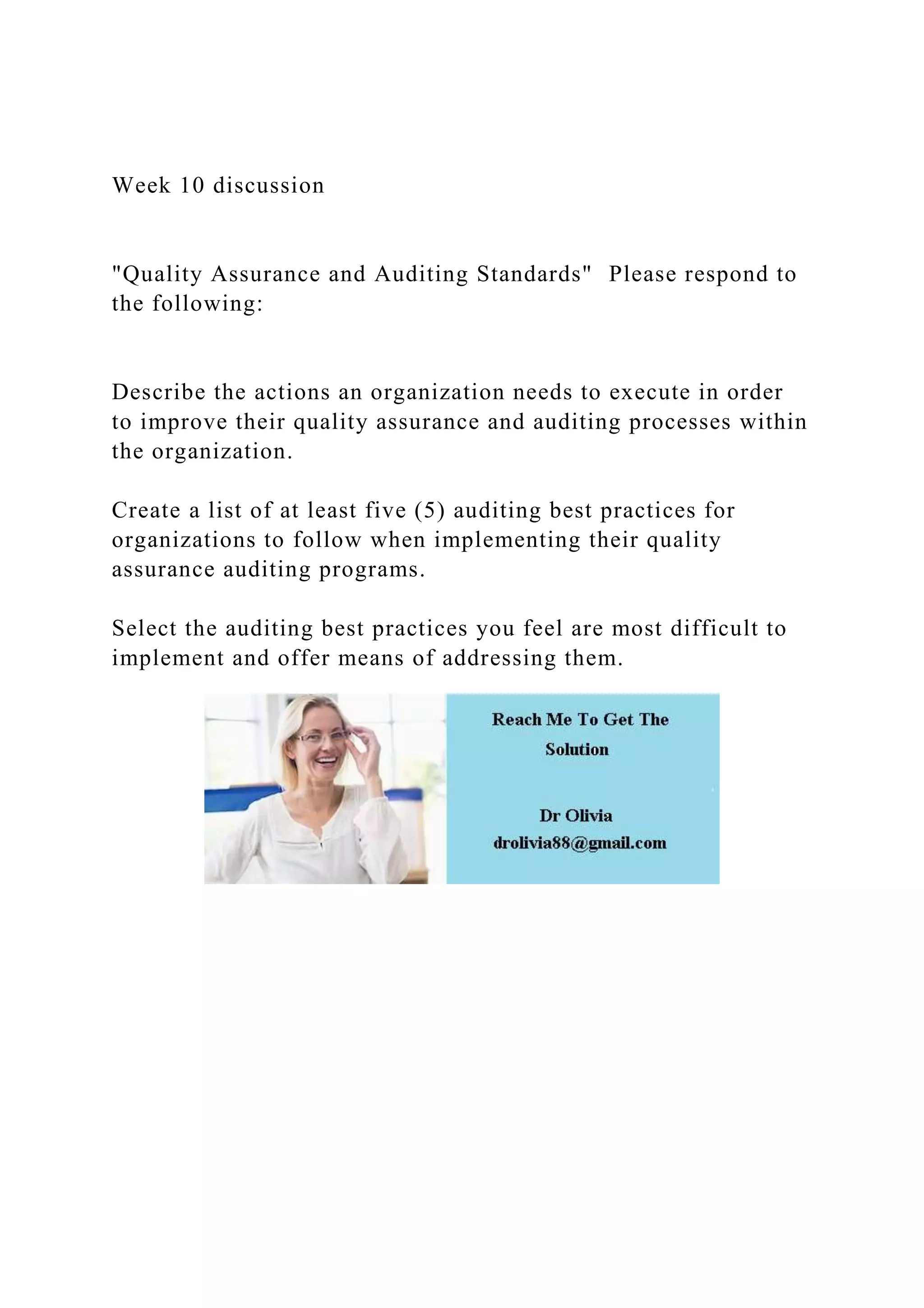 Week 10 discussionQuality Assurance and Auditing Standards.docx | Business | Business and Finance